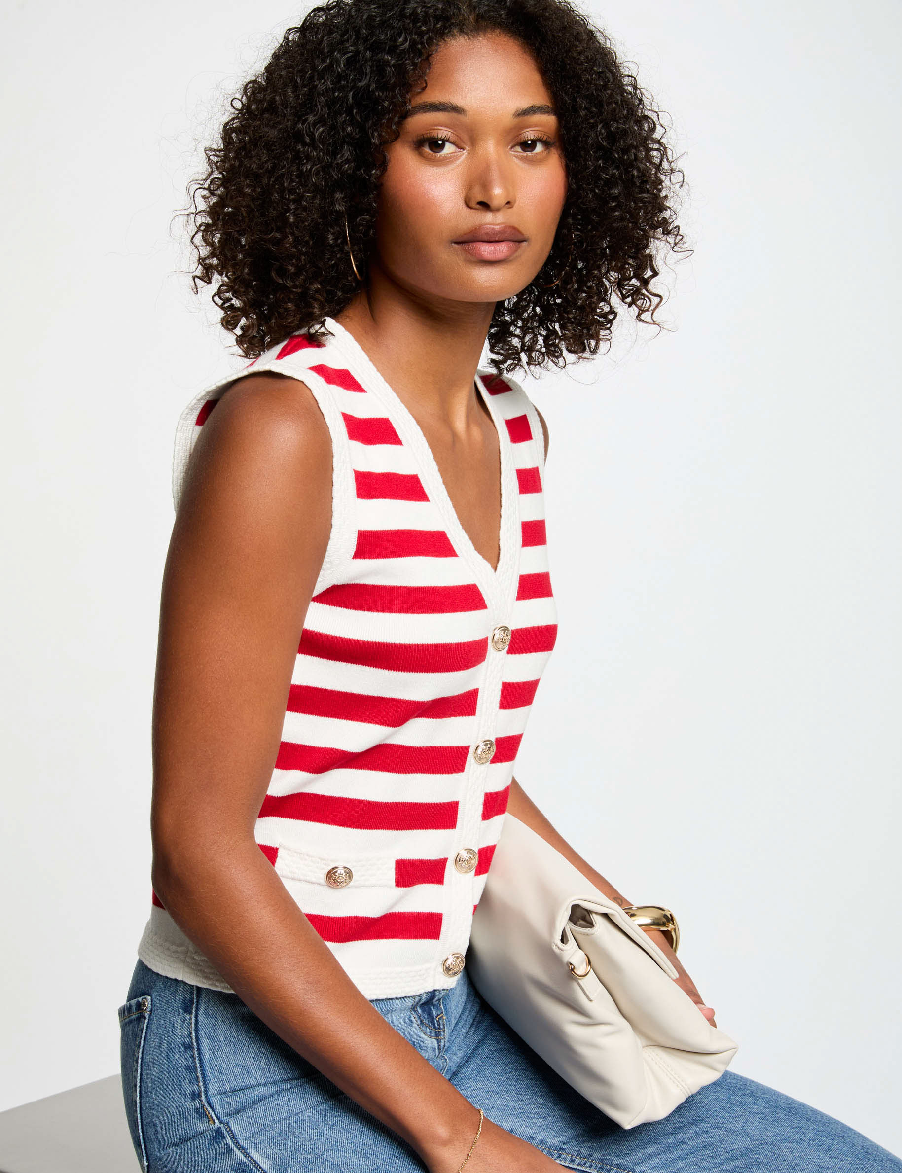 Cárdigan sin manga y rayas blanco mujer | Morgan