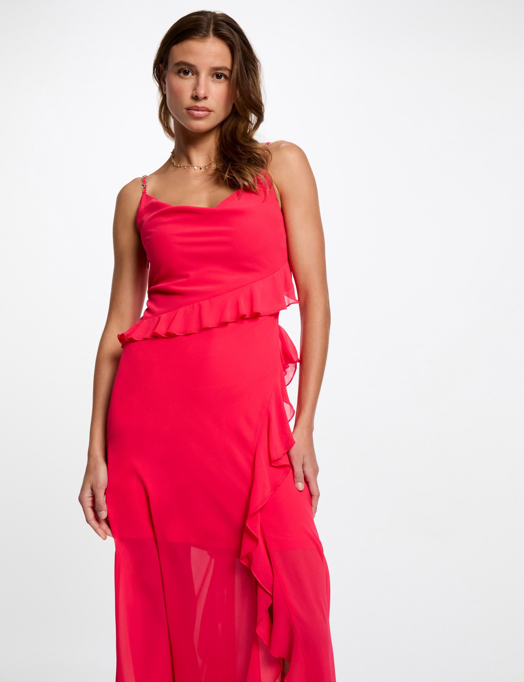Vestido midi ajustado volantes rosado fucsia mujer | Morgan