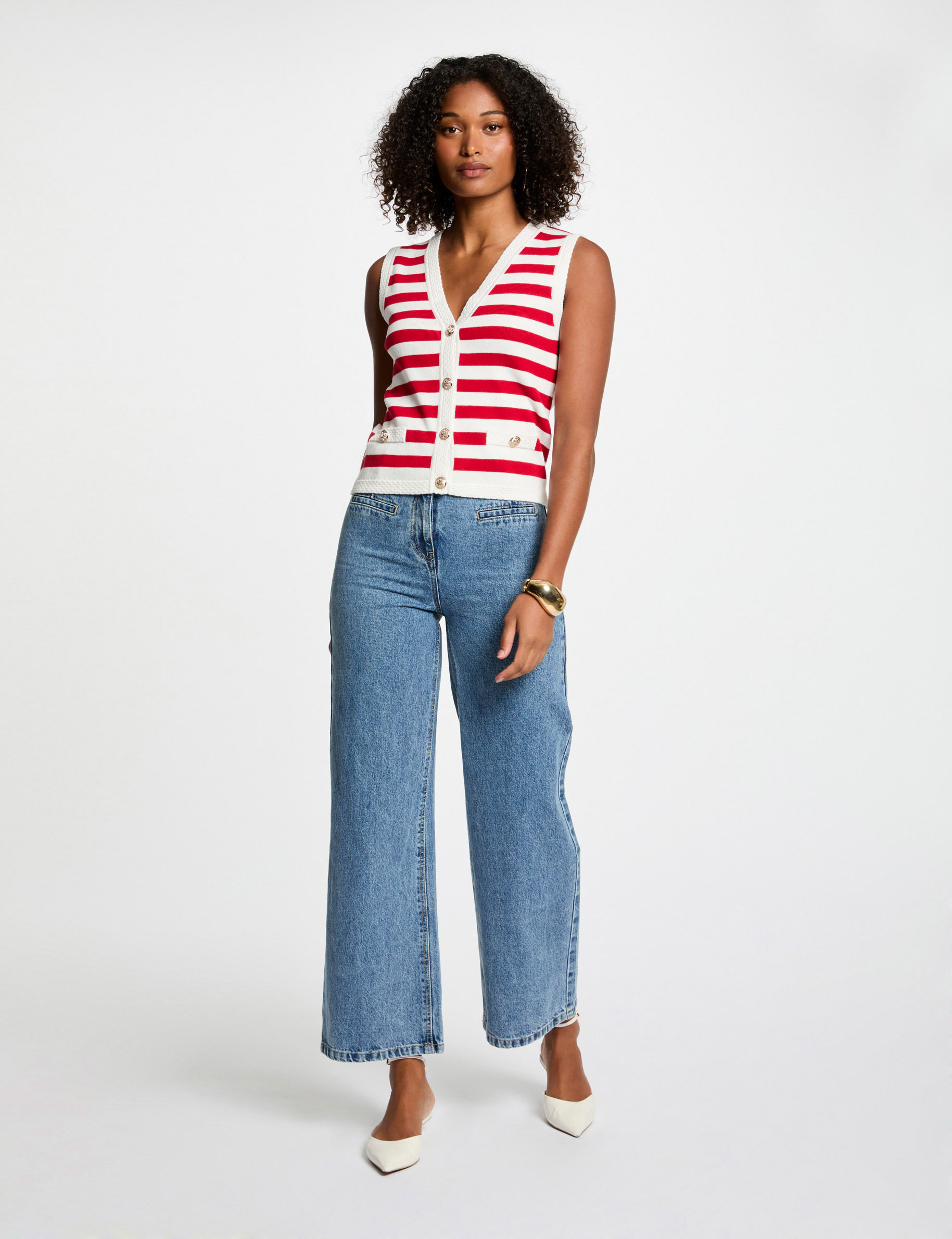Cárdigan sin manga y rayas blanco mujer | Morgan