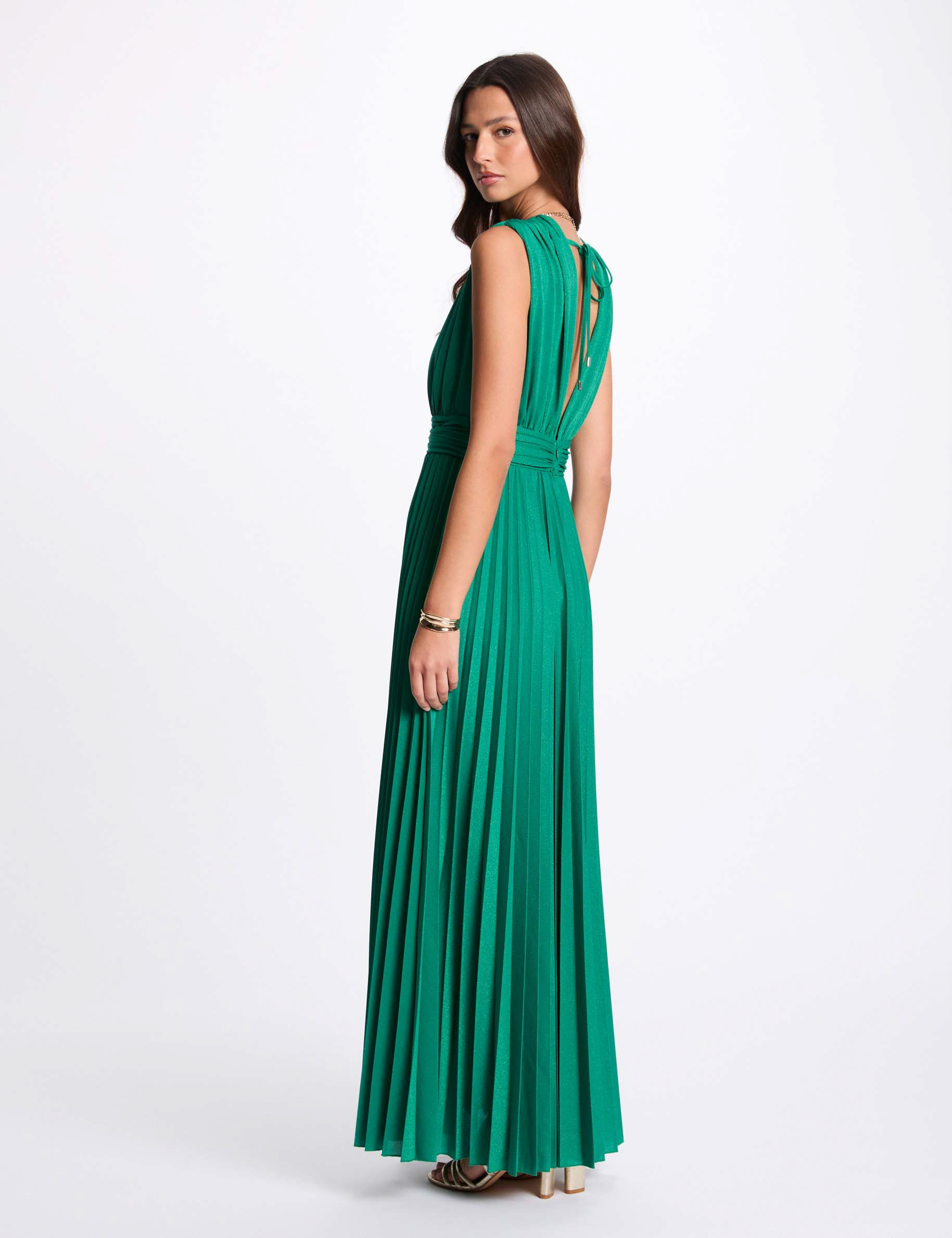 Vestido largo recto plisado verde emeralda mujer | Morgan