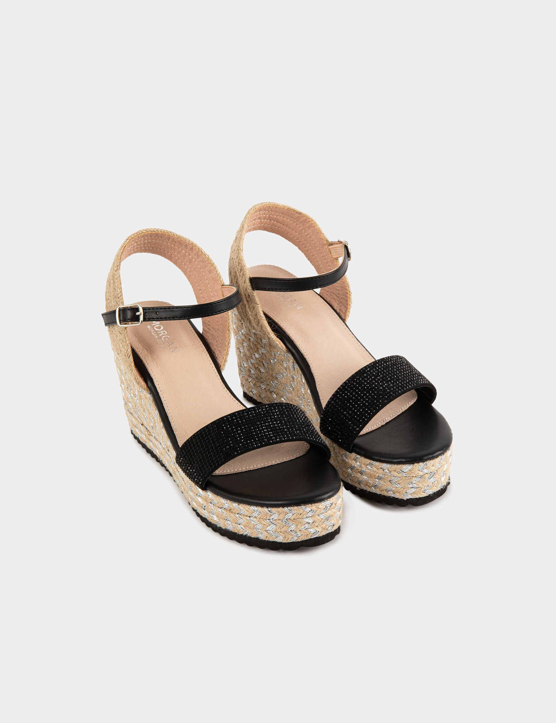 Sandalias plataformas con strass negro mujer | Morgan